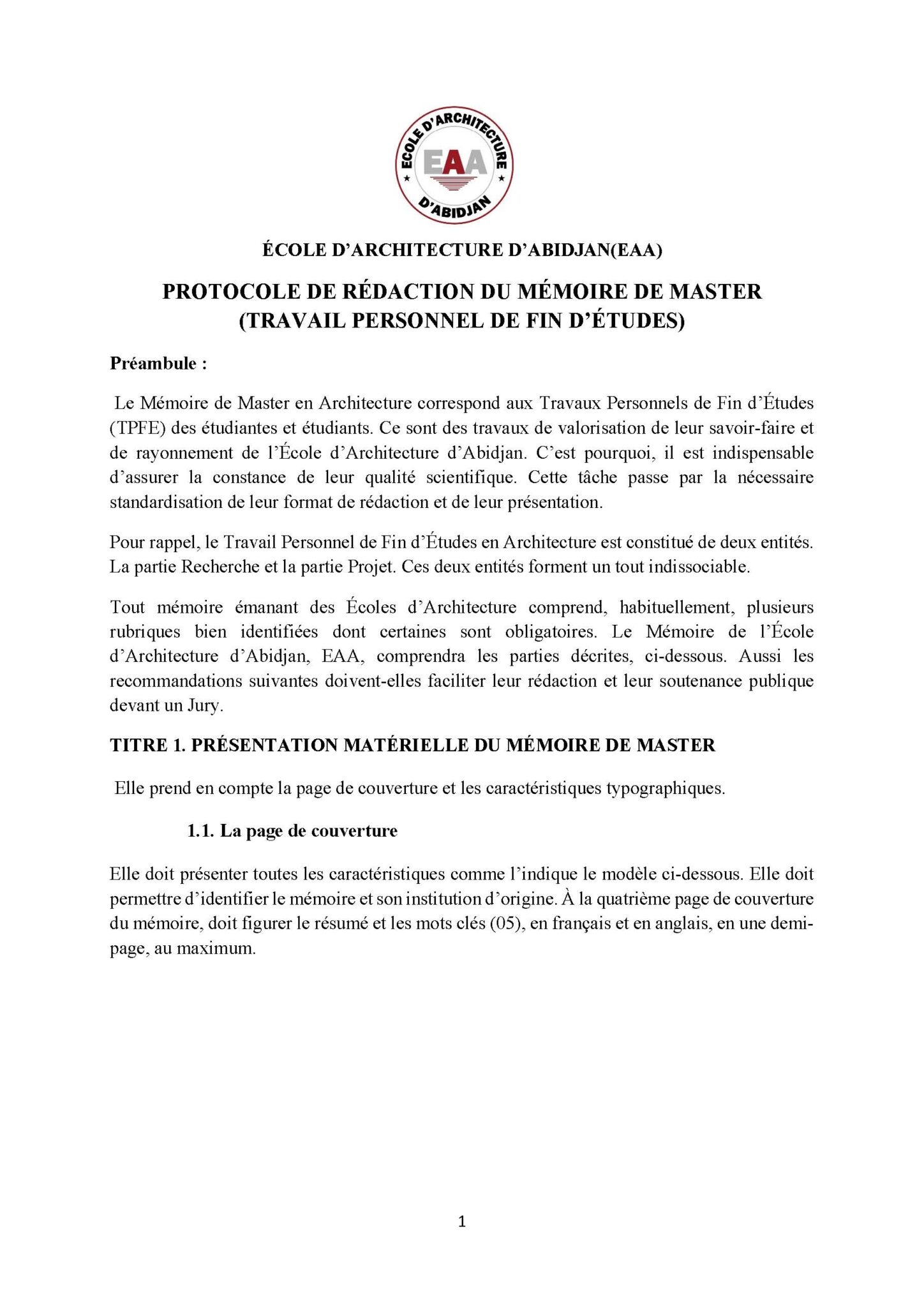 Protocole de rédaction du mémoire de Master - Site officiel de l'École d'Architecture d'Abidjan